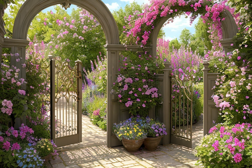 Highly detailed beautiful painting summer garden gate lands... by ...
