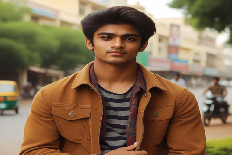 Portrait of an 18-year-old Indian boy standing under the sof... by ...