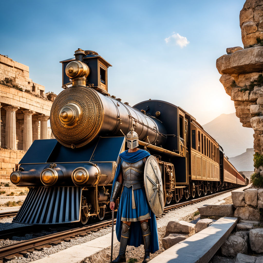 A huge magnificent ancient Greek train is on the railroad in... by ...