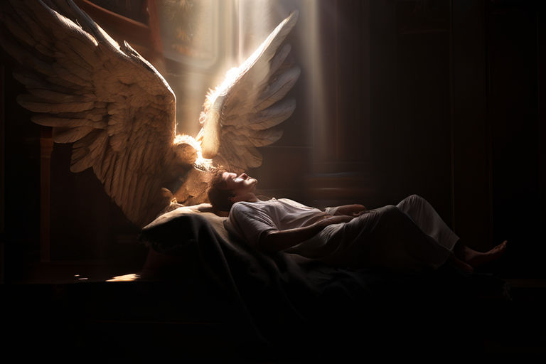 Generates an image of a person sleeping while a male angel w... by ...