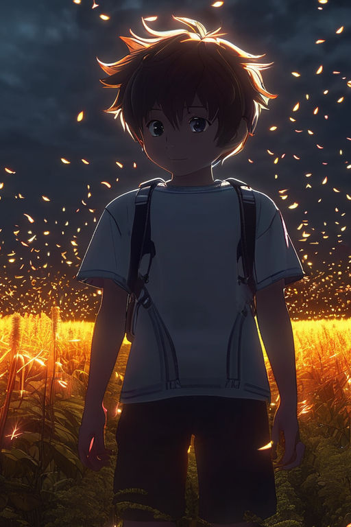 An anime boy in the glowing field of fire flies.Sun theme. C... by ...