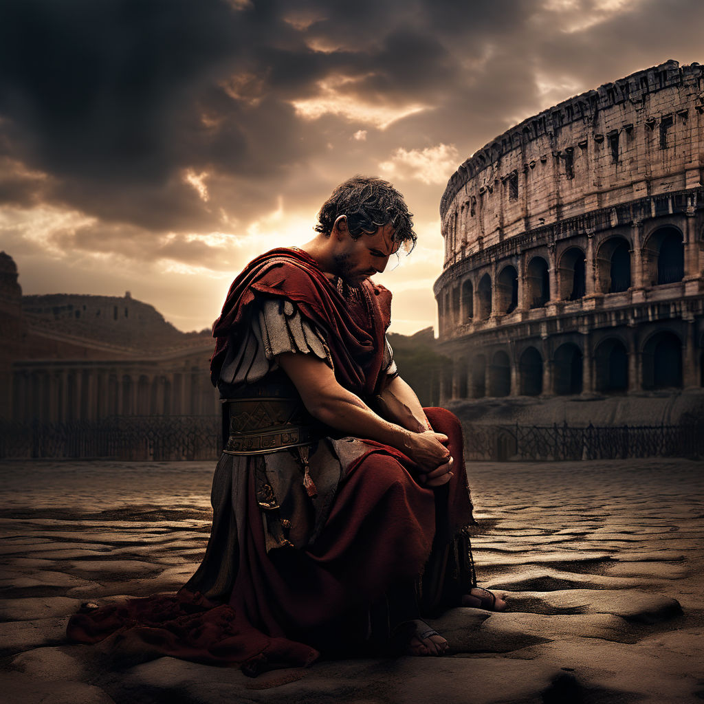 Ancient Roman tax collector in tattered tunics kneeling on t... by ...