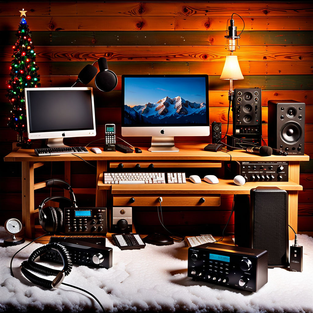 A modern desk holding four amateur radio trasmitters and rec... by ...