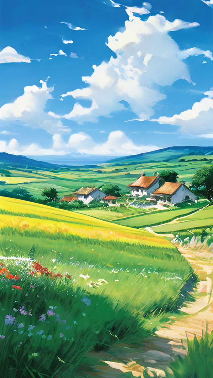 Countryside village illustrated in anime style sits amidst r... by ...