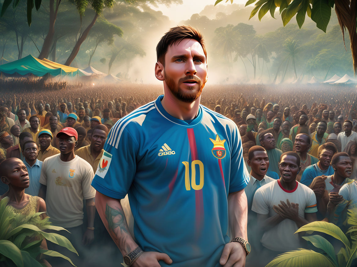 Lionel Messi standing amidst a crowd of spirited revolutiona... by PAUL ...