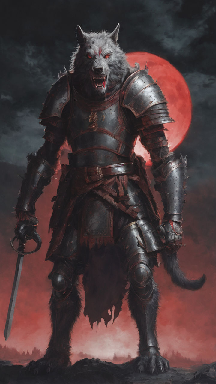 A large werewolf in a knight's armor under a red full moon e... by ...