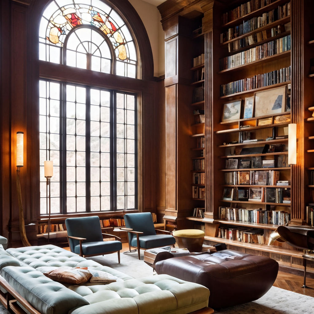 Mid-century modern library interior with minimalist furnitur... by ...