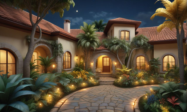 Realistic square stone houses embraced by realistic tropical... by ...