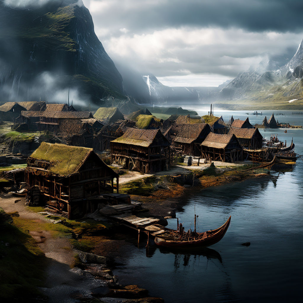 a Viking village with a port and the jarl's great house in ... by ...