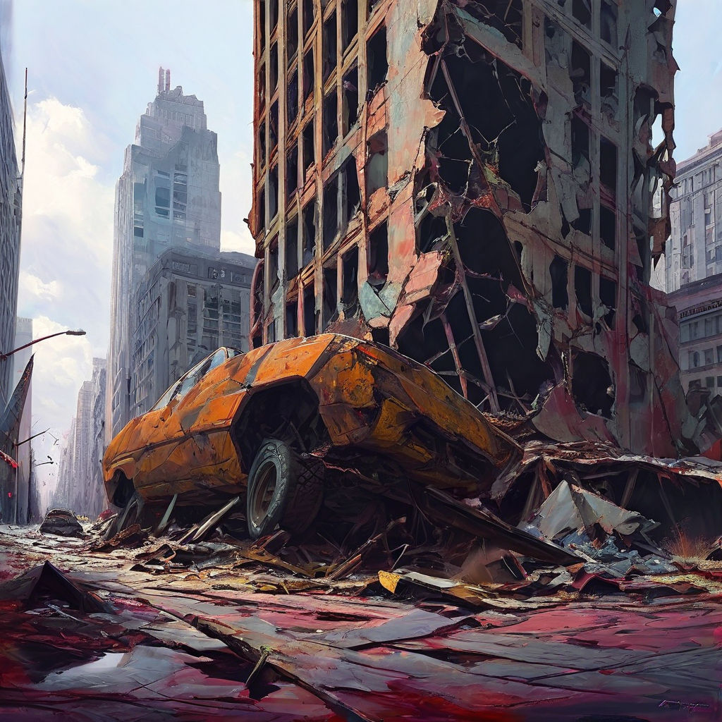 The wreckage of a broken building covered the boulevard by 장연욱 - Playground