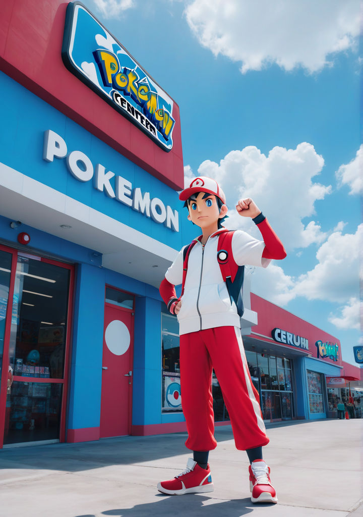 Ash Ketchum standing confidently in front of a Pokemon Cente... by ...