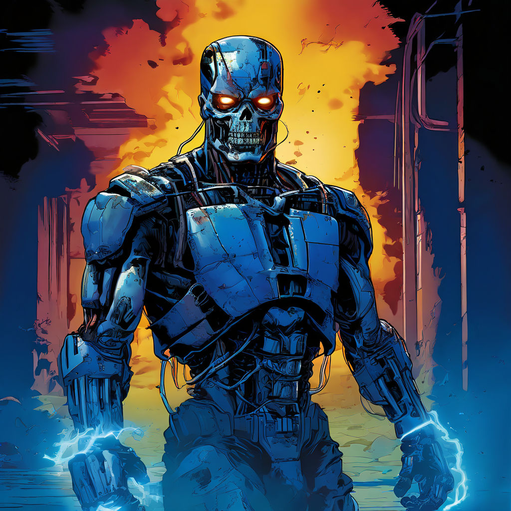 A Comic Art of a Terminator Endoskeleton walking through glo... by ...