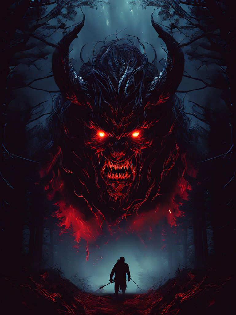 Poster of a horror film with a demon in a forest at night. T... by ...