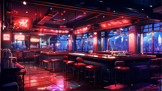 Draw a club viewed from the inside. Use an anime style by Jorge Solsona ...