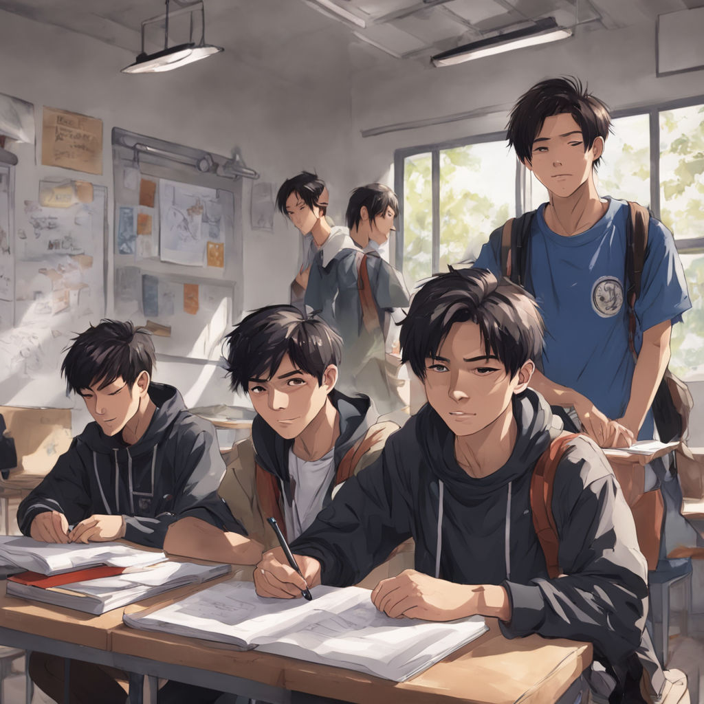 5 filipino male college students at school doing school work... by ...