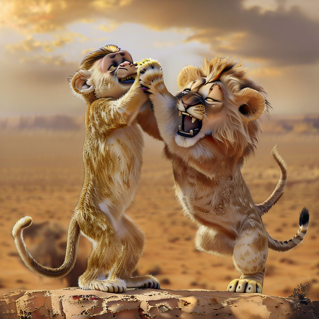 Monkey lifting and roaring cute baby lion on desert cliff by 정채은 ...