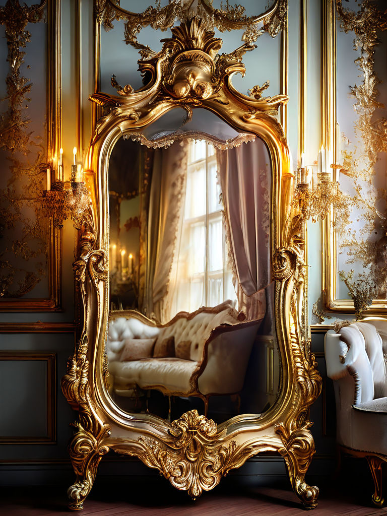 Baroque gold-trimmed antique mirror reflecting a lavish Vict... by ...