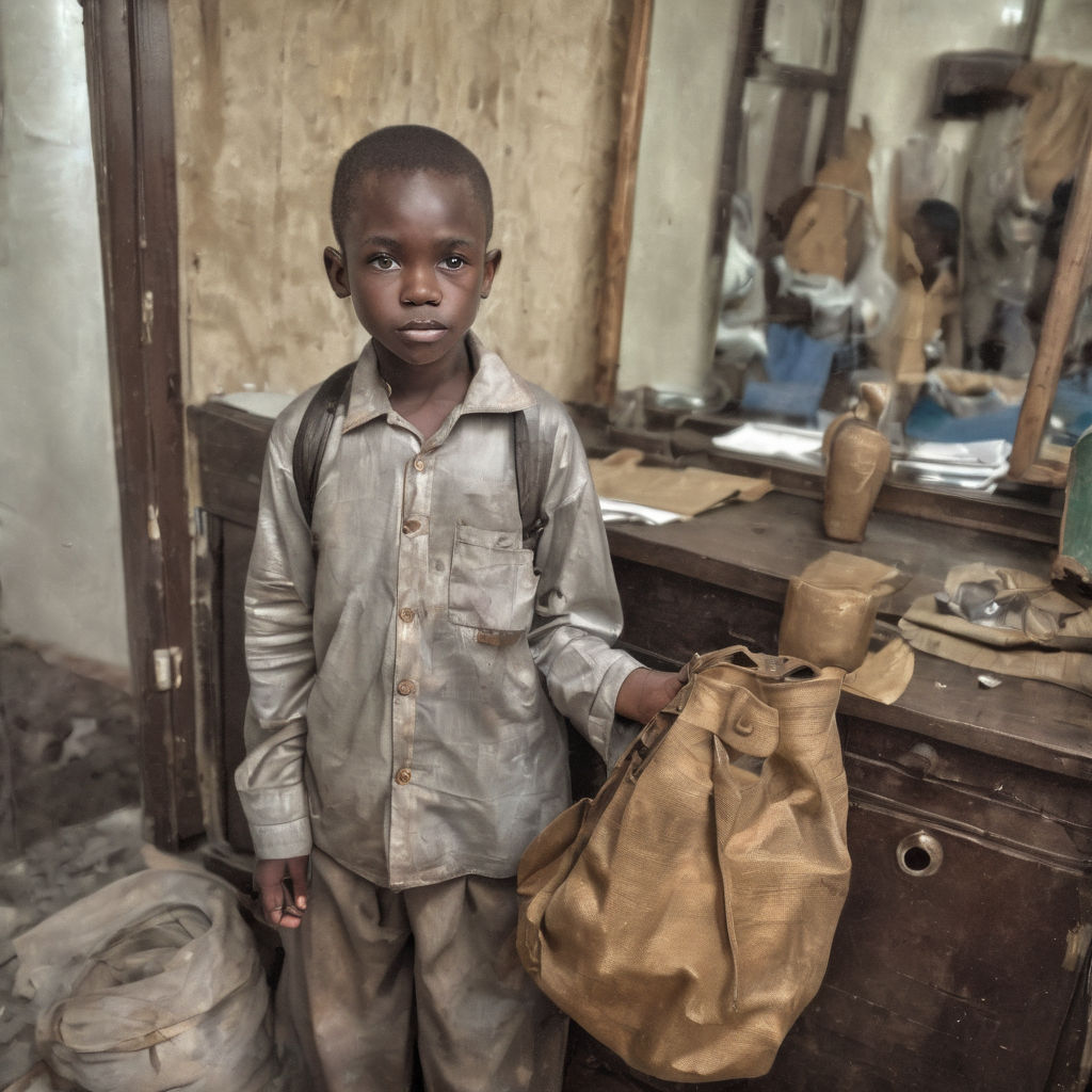 A poor African boy wearing very old clothes and holding a ve... by ...