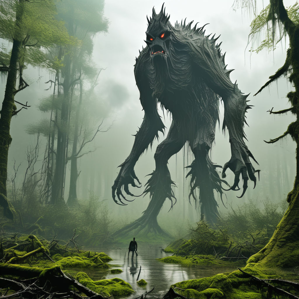 Tall monster from wooth looking between trees in the creepy ... by ...