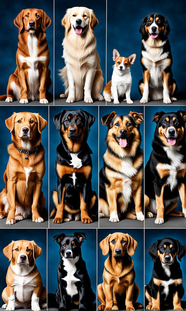 A composition showing several breeds of dogs sitting side by... by ...