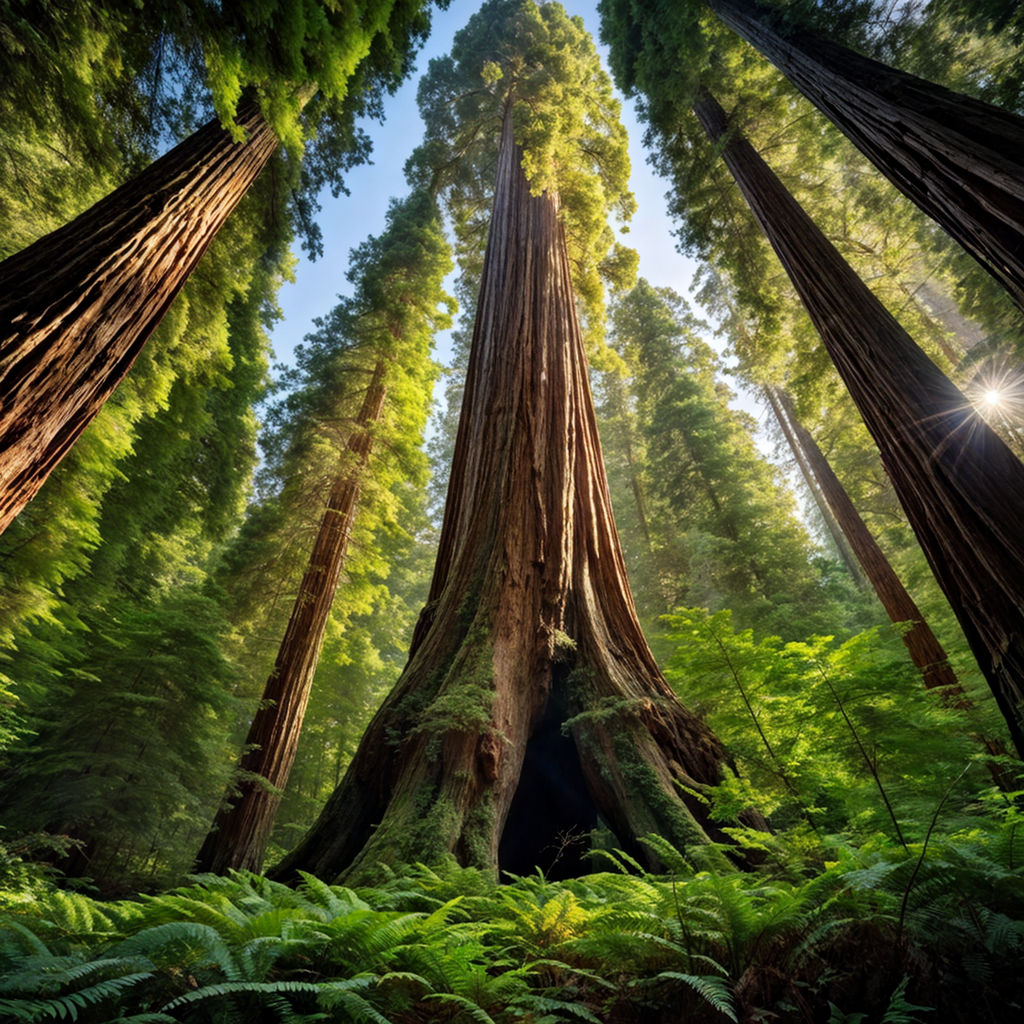 A massive redwood towering over a small forest wisp by 김민지 - Playground