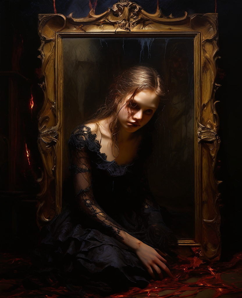 Gothic oil painting depicting a girl cowering from spectral by L Mcleod ...