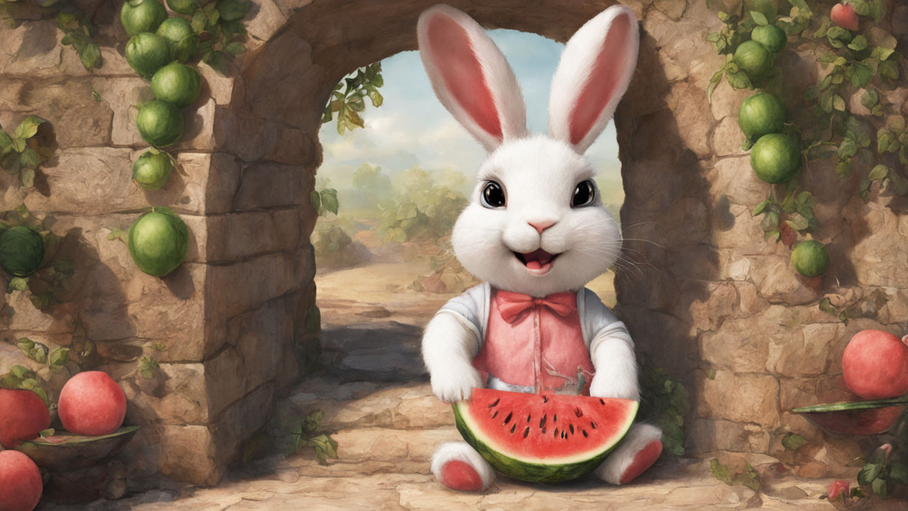 The white-pink rabbit wanted to eat the watermelon so much ... by ...