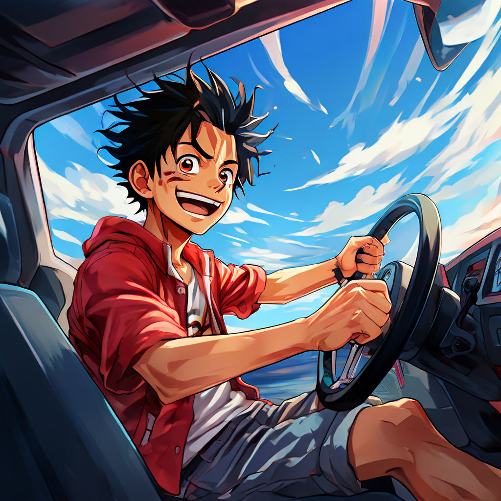 Anime-style depiction of Luffy from One Piece driving a car by Mr ...
