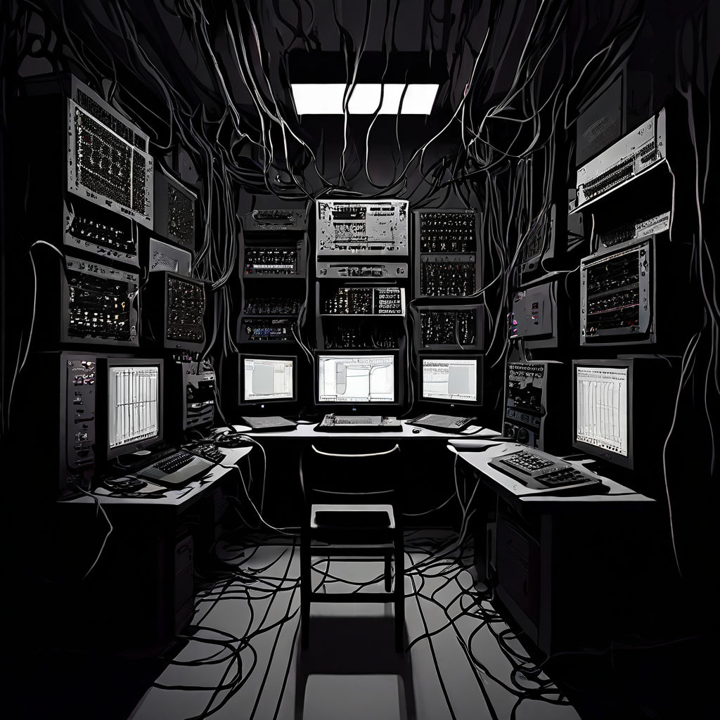 Modern day cartoon style hacker lair featuring an array of c... by L P ...