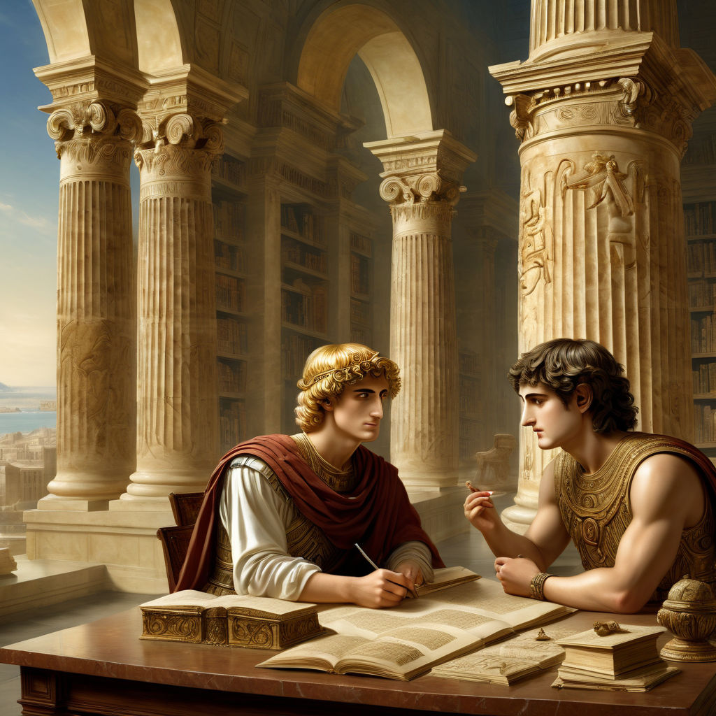 Young Alexander the Great studying ancient artifacts with an... by ...