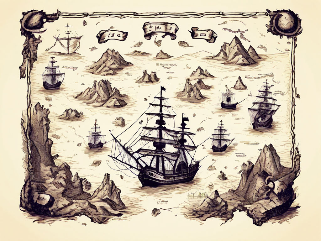 A black and white pirate treasure map with monsters and nava... by ...