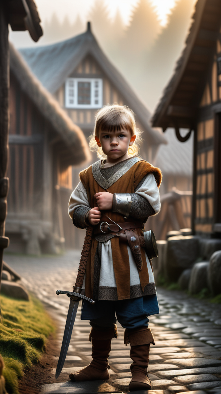 Child dressed in Viking regalia standing in ancient Norse vi... by ...