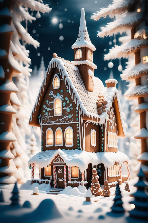 Gingerbread house with snowy scene behind it by Aly V - Playground