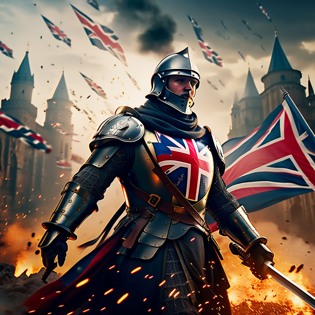 Medieval knight with Union Jack all across his armour killin... by ...