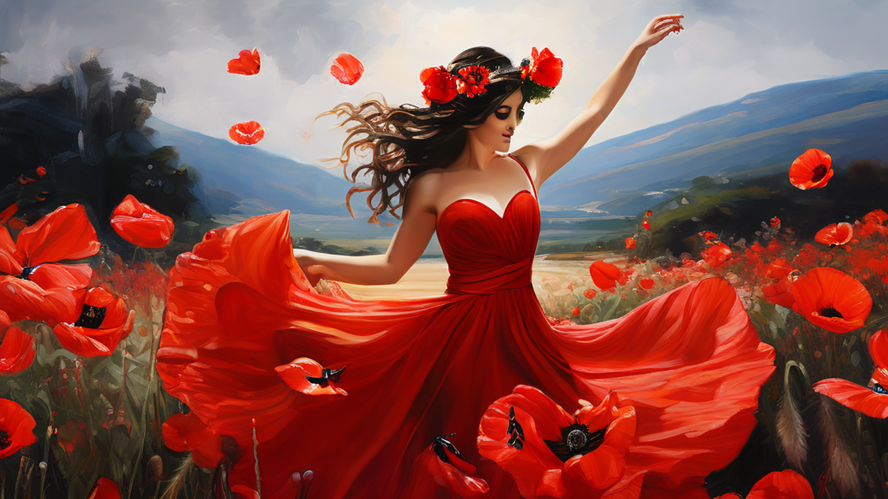 An oil painting of a lady in red dancing in a dress made of ... by ...