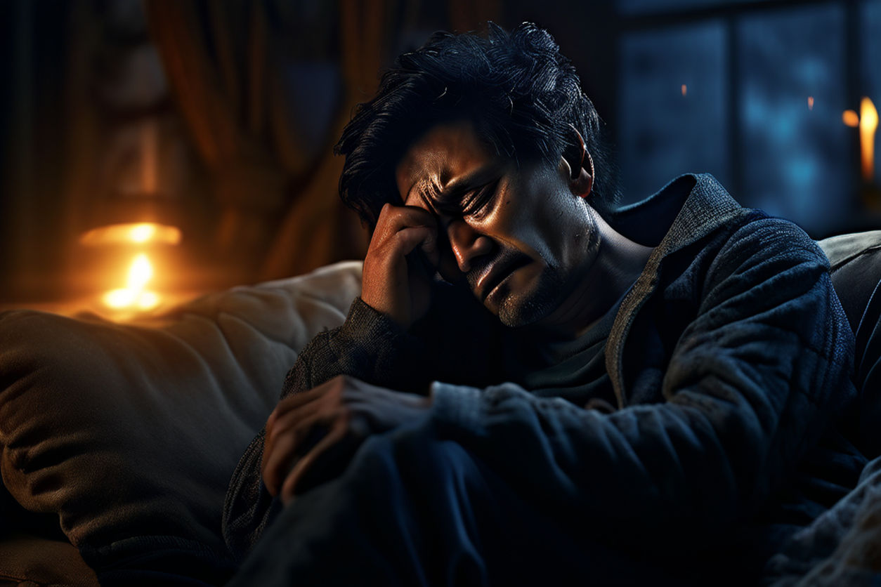 An Indonesian man crying on a sofa at night by Zsolt Zsemba - Playground