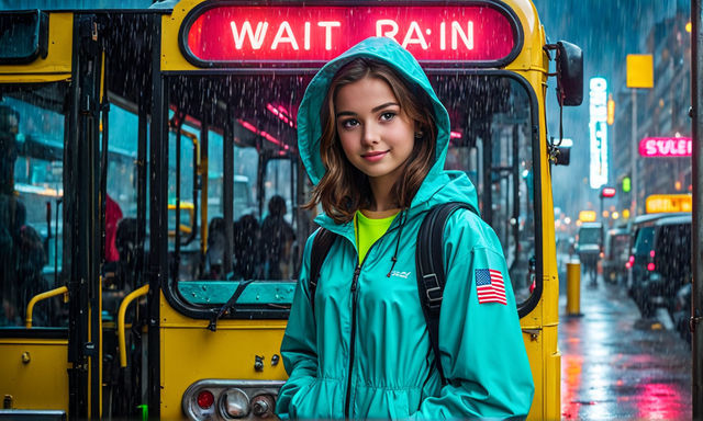 A cute 16 years old american girl stand on bus stand for wai... by ...