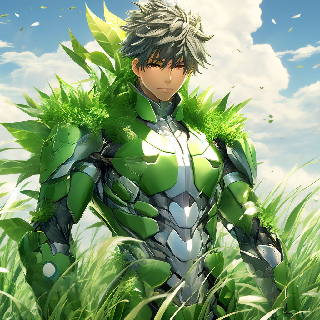 A humanoid that looks like a anime boy made of grass and pl... by H R ...