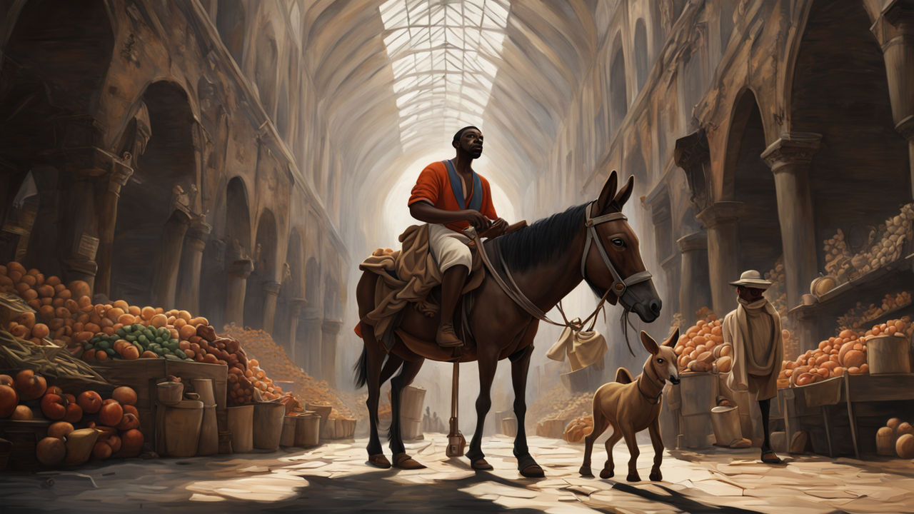 The character Juha rides a donkey inside the market by ماريا ماريا ...