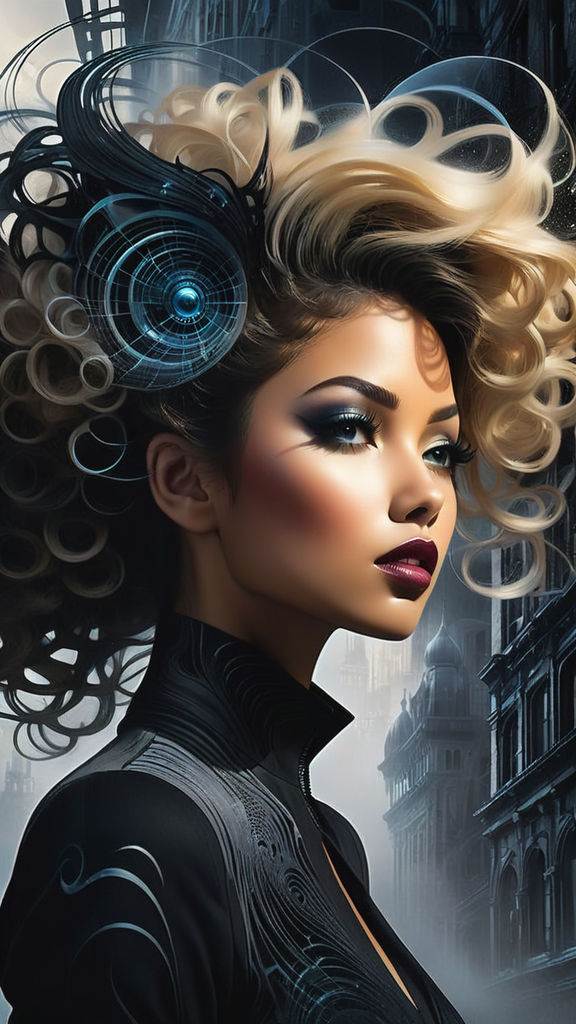 Portrait of a girl. Background night city. futuristic elemen... by ...
