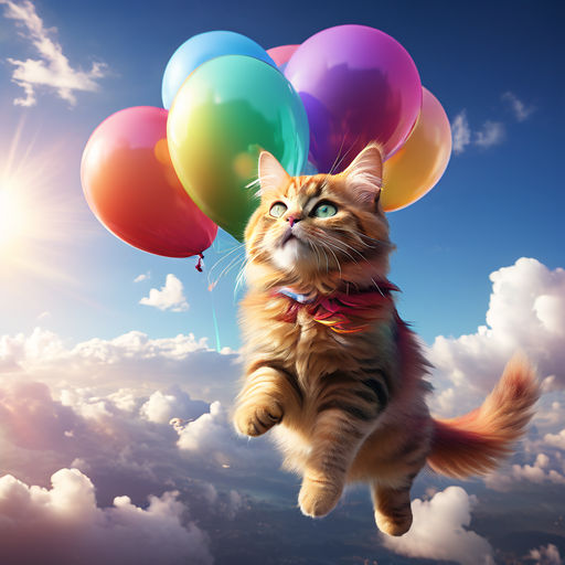 A rainbow-colored cat is flying in the sky with a balloon by 김반석 ...