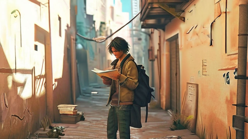 Drawing of a disheveled man standing facing forward reading ... by ...