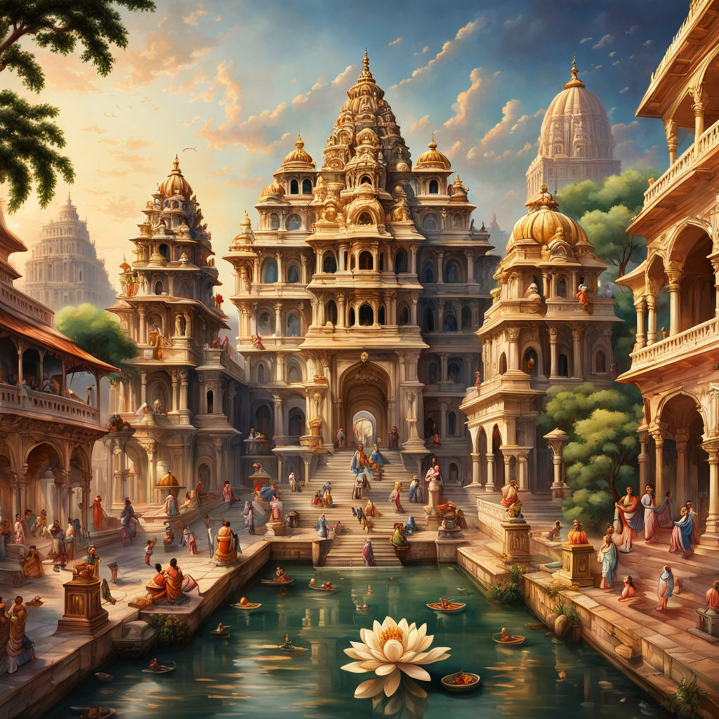 Depict the ancient city of Krishna Dwaraka as a grand by surajit maity ...