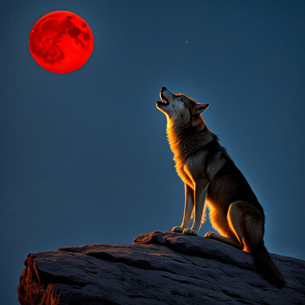 A wolf on a clif siting and cheering with a fool red moon by Στέργιος ...