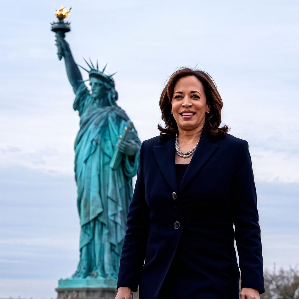 Kamala harris holding a torch near the statue of liberty by Gary P ...