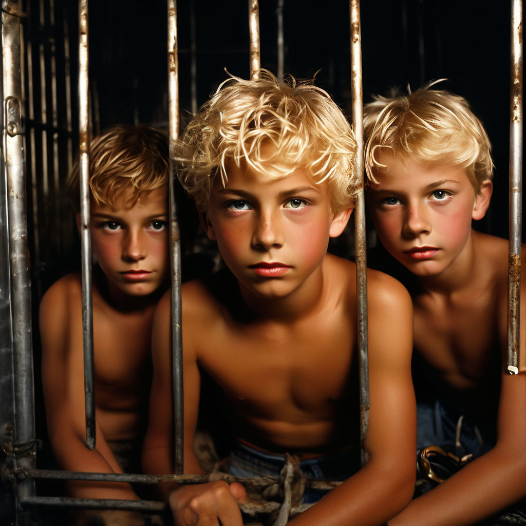 Three shirtless thirteen-year-old blond boys in a cage by Ivan Martin - Playground