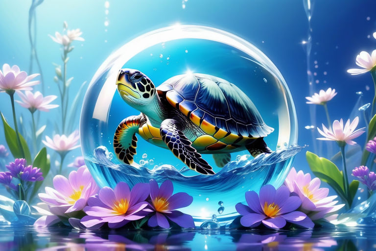 A glass ball with a very small baby water turtle and beauti... by ...