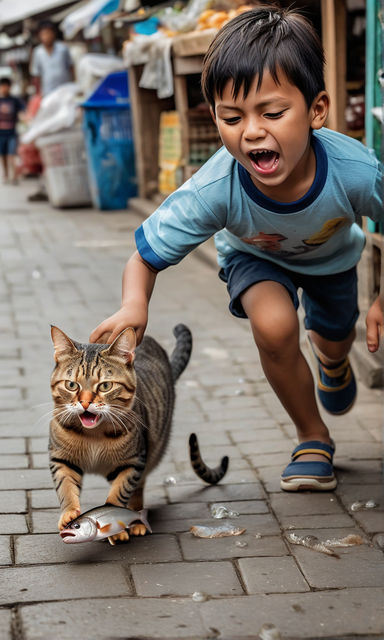A cat runs away from a market fish shop with a fish in its m... by ...