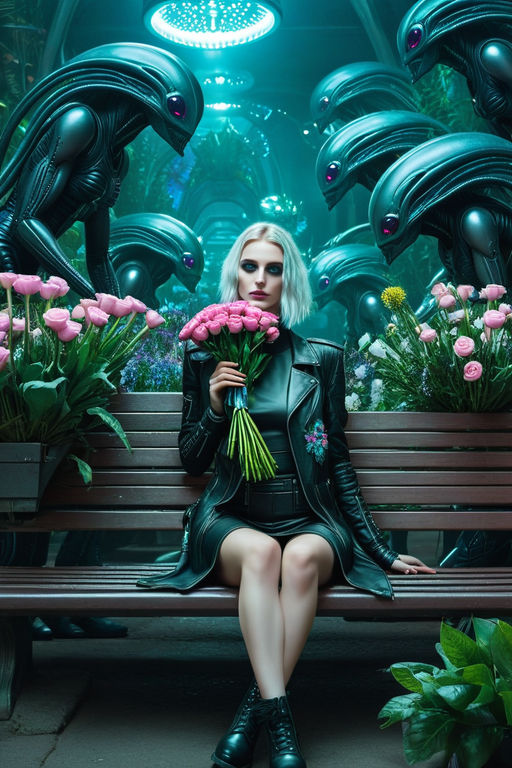 Cyberpunk girl on a bench surrounded by aliens smells a bouq... by ...