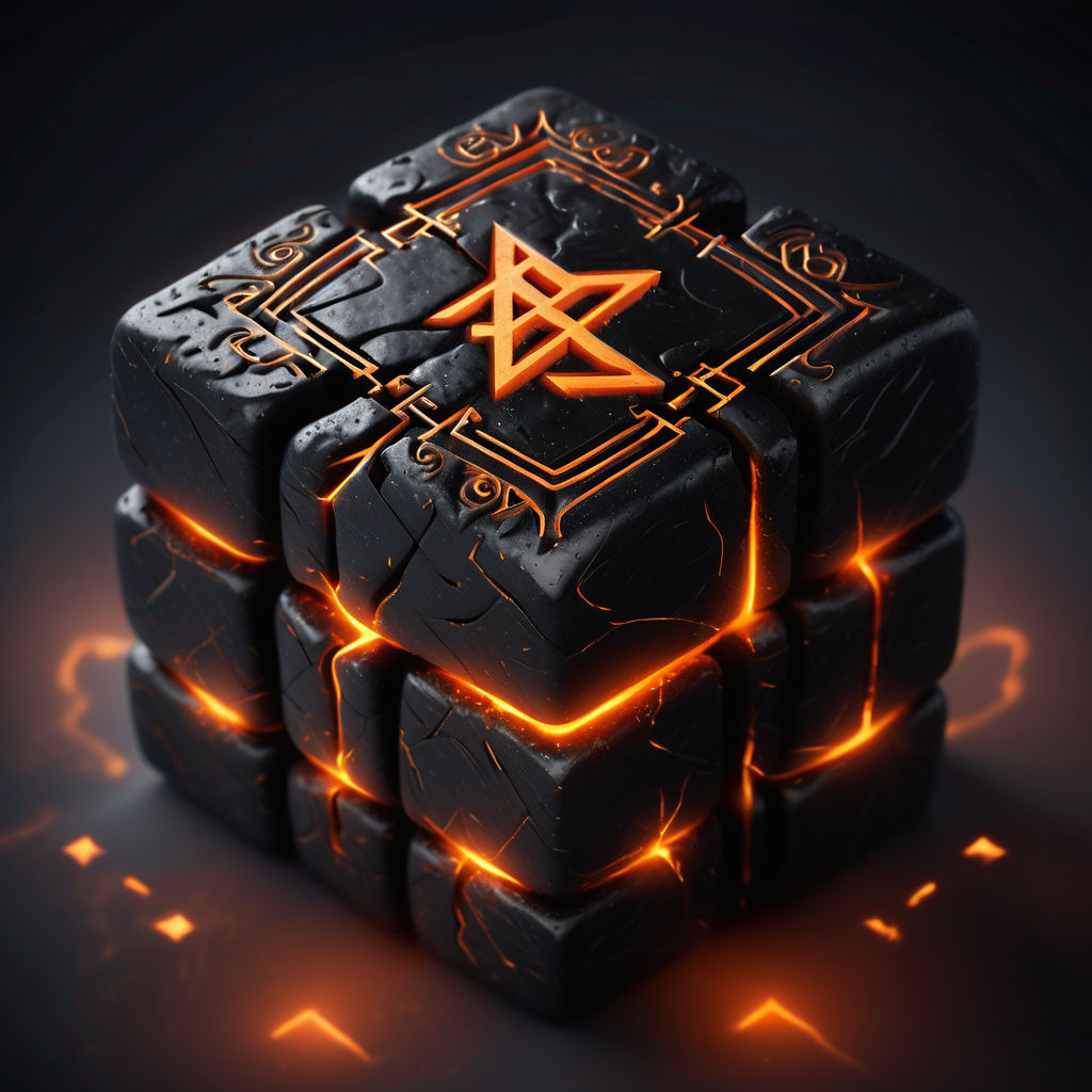 Rubic made of black stone engraved Runes emitting orange lig... by Toàn ...
